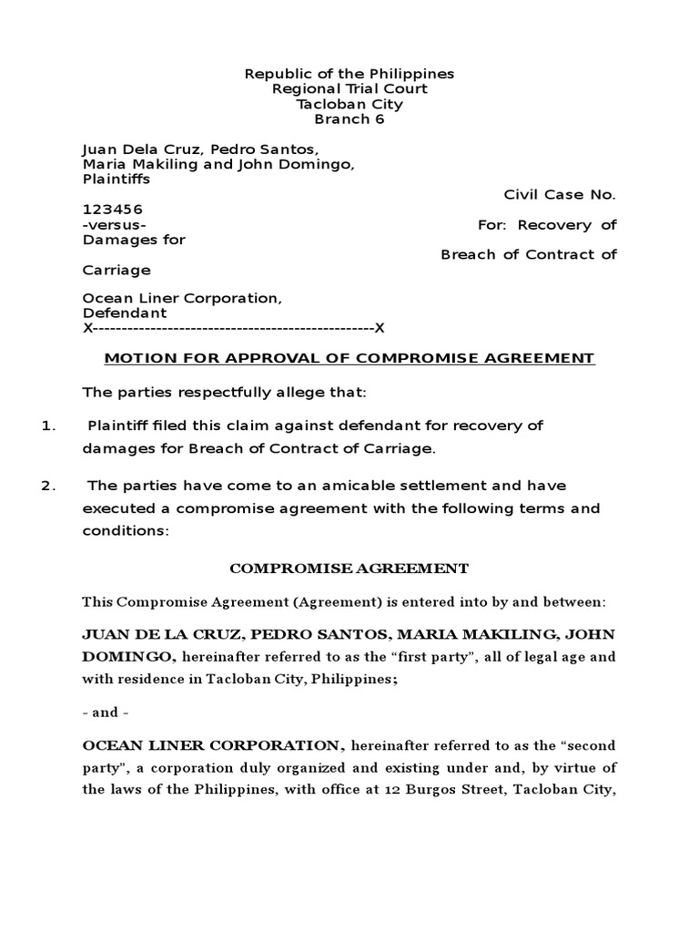 Motion for Approval of Compromise Agreement | PDF | Assignment (Law) | Lawsuit