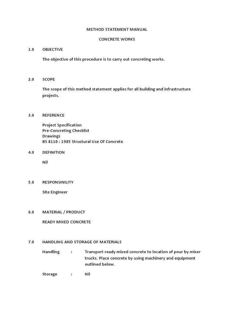 Concreting Method Statement Guide | PDF | Concrete | Manmade Materials