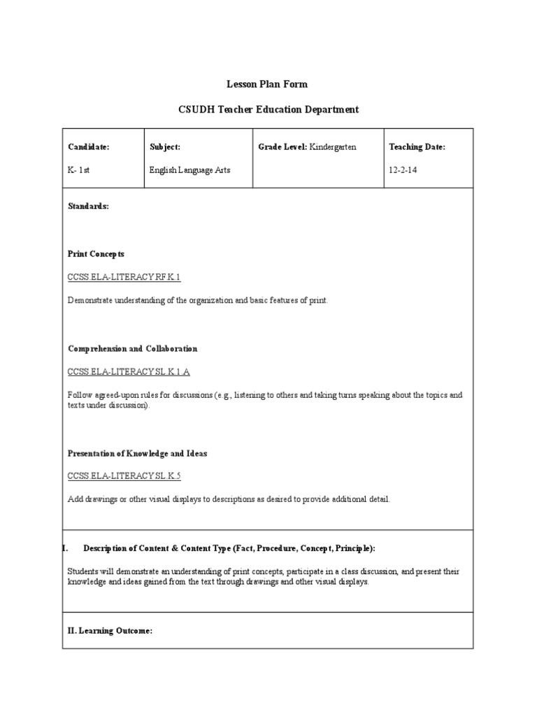 Lesson Plan Form CSUDH Teacher Education Department: Candidate: Subject ...