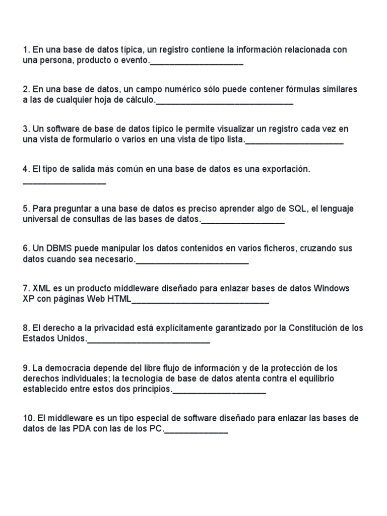 Cuestionario Base de Datos Simple | PDF | Bases de datos | Tecnologías de la información