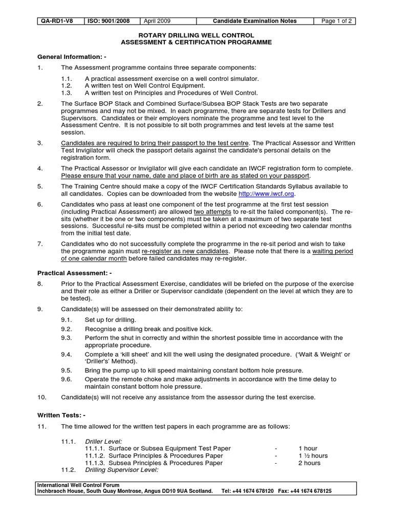 Candidate Examination Notes IWCF Drilling Well Control | PDF | Multiple ...