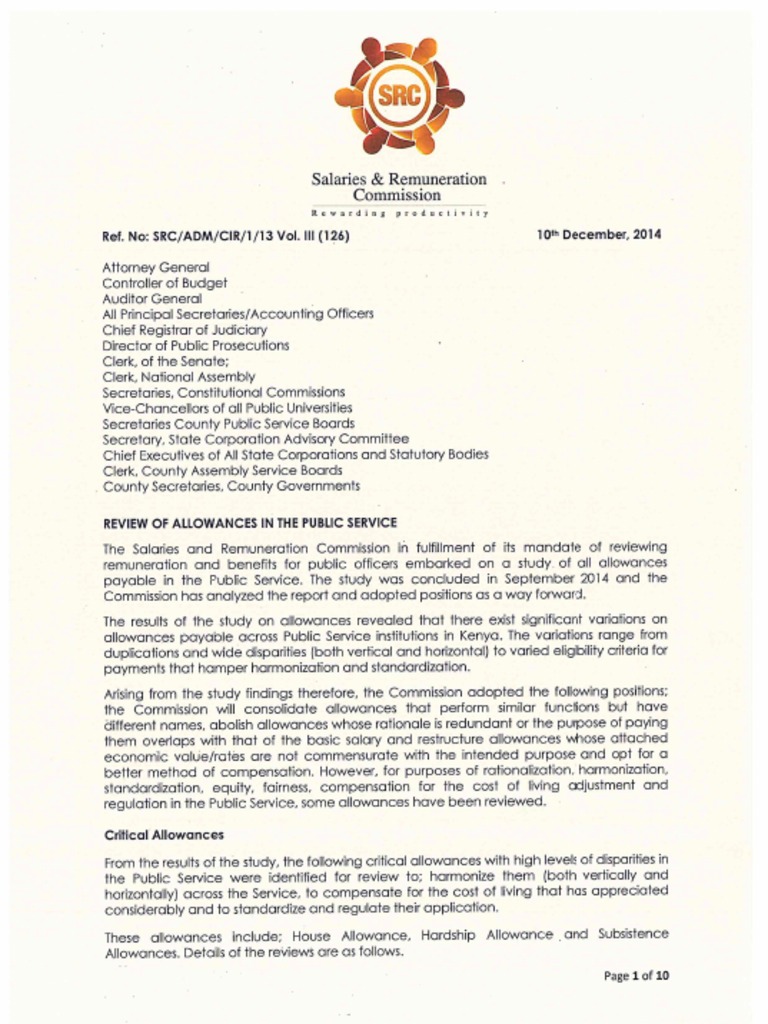 SRC Circular On Allowances in The Public Service | PDF