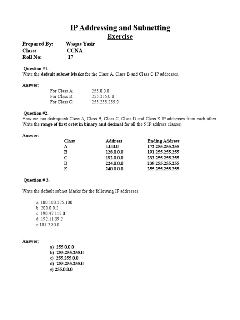 IP Addressing and Subnetting Exercise1 Solution | PDF | Ip Address ...