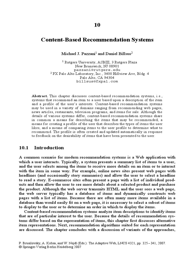 Pazzani - Content-Based Recommender Systems | PDF | Statistical Classification | Information ...