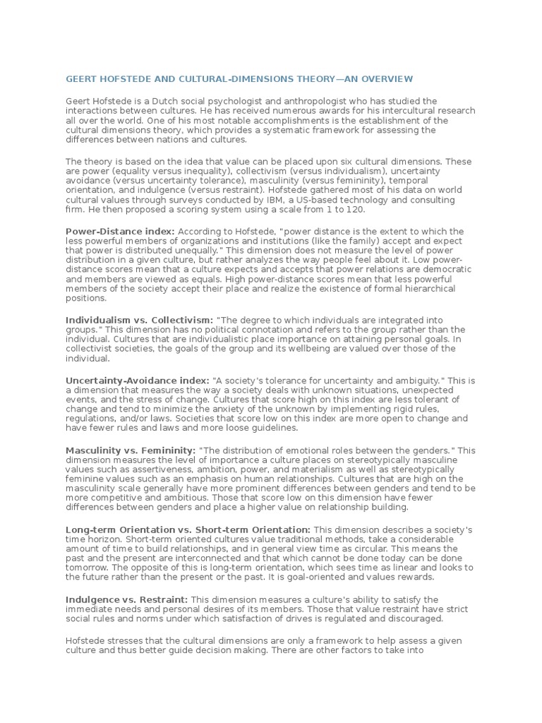 Geert Hofstede and Cultural-Dimensions Theory-An Overview | PDF ...