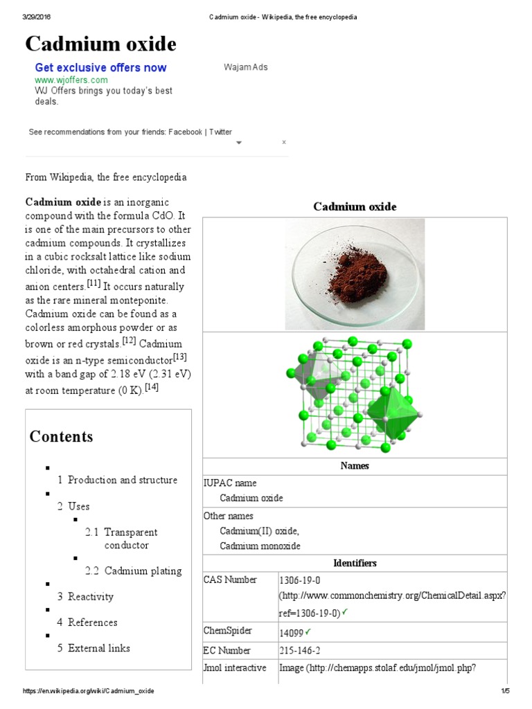 Cadmium Oxide - Wikipedia, The Free Encyclopedia PDF | PDF | Atoms ...