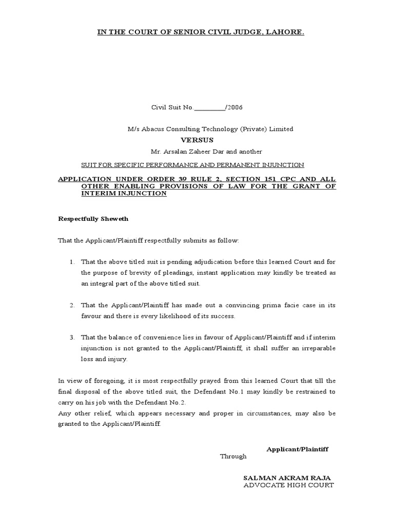 Stay Application AbacusArsalan | PDF | Injunction | Lawsuit
