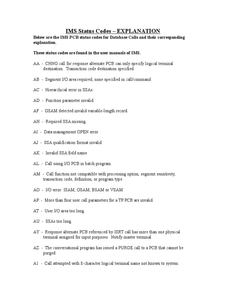 IMS Status Codes | Parameter (Computer Programming) | Information ...
