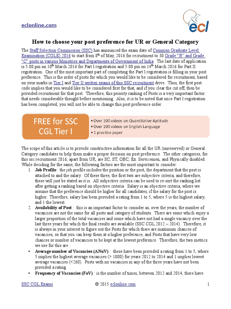 SSC CGL 2016 - How To Choose Your Post Preference For UR or General ...