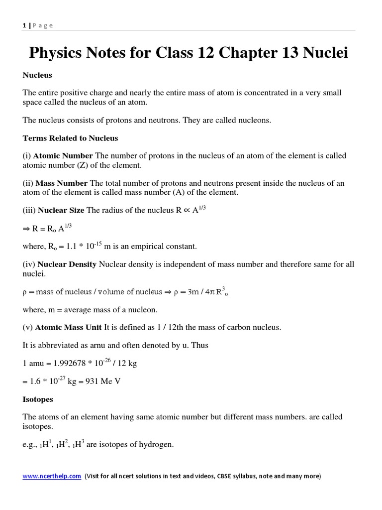 Physics Notes for Class 12 Chapter 13 Nuclei All Formula Download Cbse ...