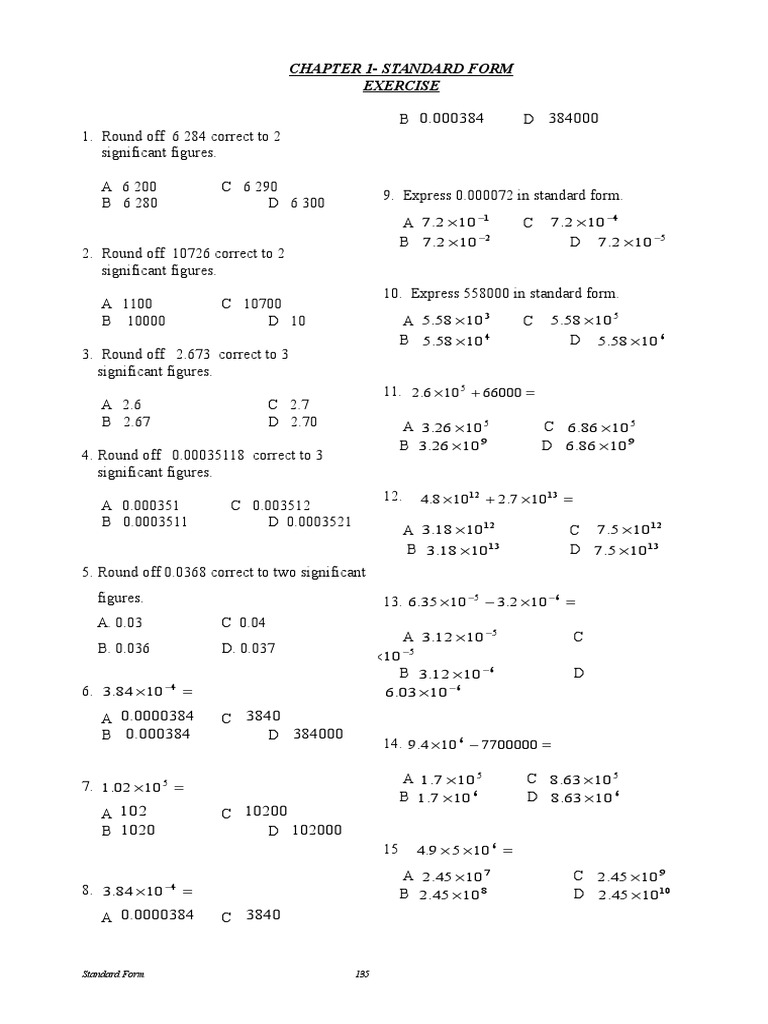 Chapter 1-Standard Form Exercise | PDF | Significant Figures | Teaching ...
