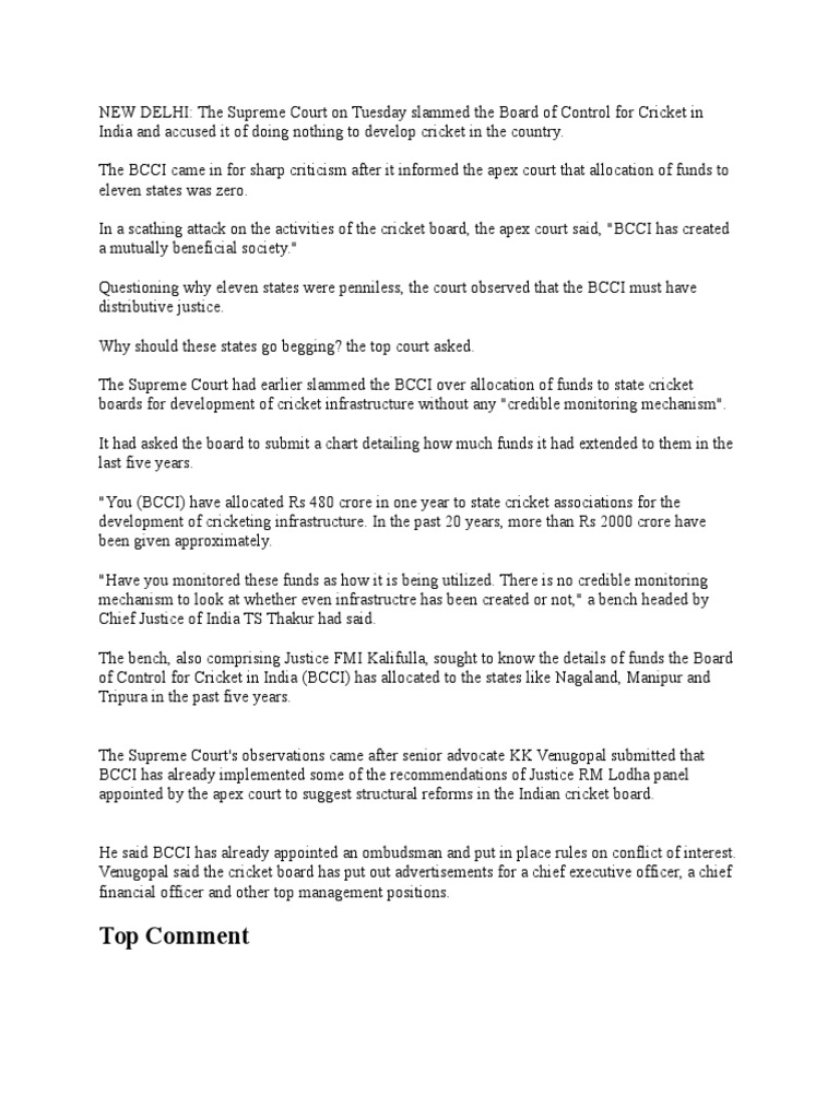 Bcci | PDF | Supreme Court Of India | Government Information