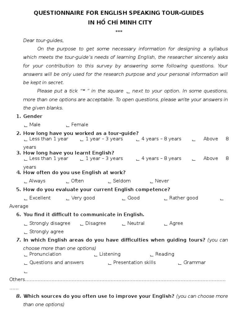 English Proficiency Survey for Tour Guides | PDF | Foreign Language Studies