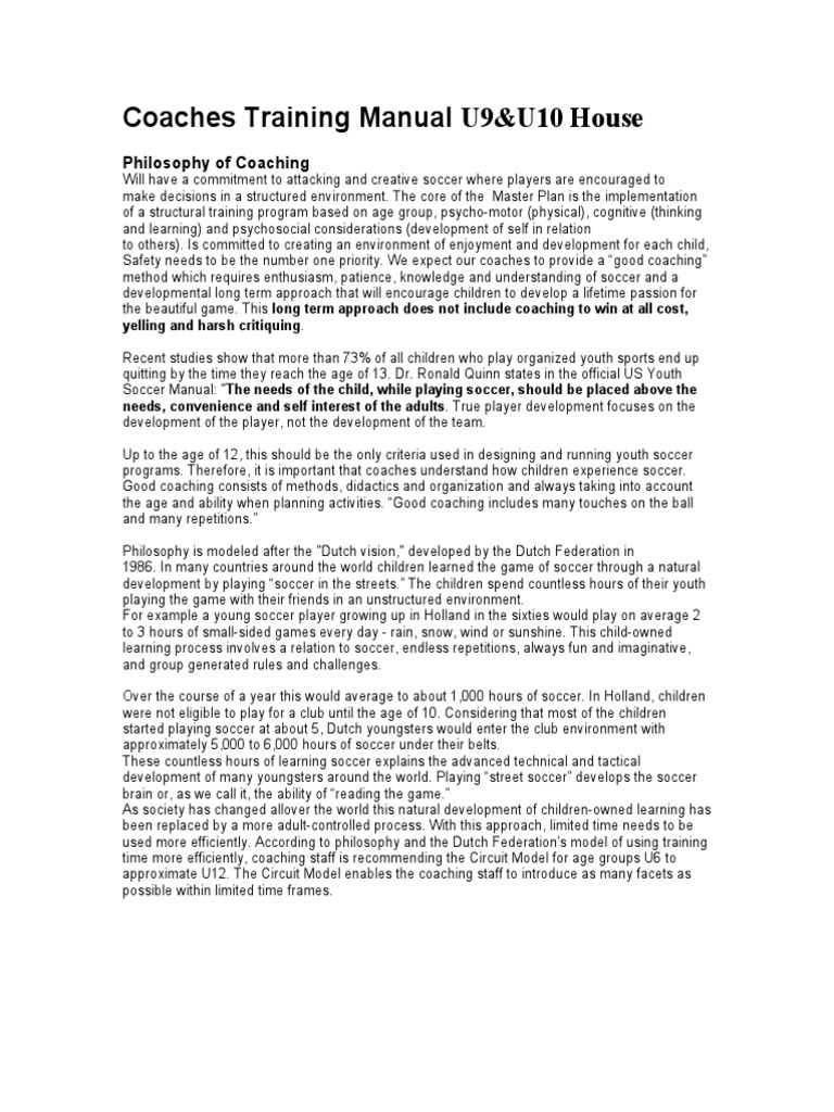 Coaches Training Manual U9&U10 House: Philosophy of Coaching | Download ...