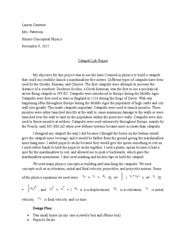Catapult Lab Report | PDF | Velocity | Physics