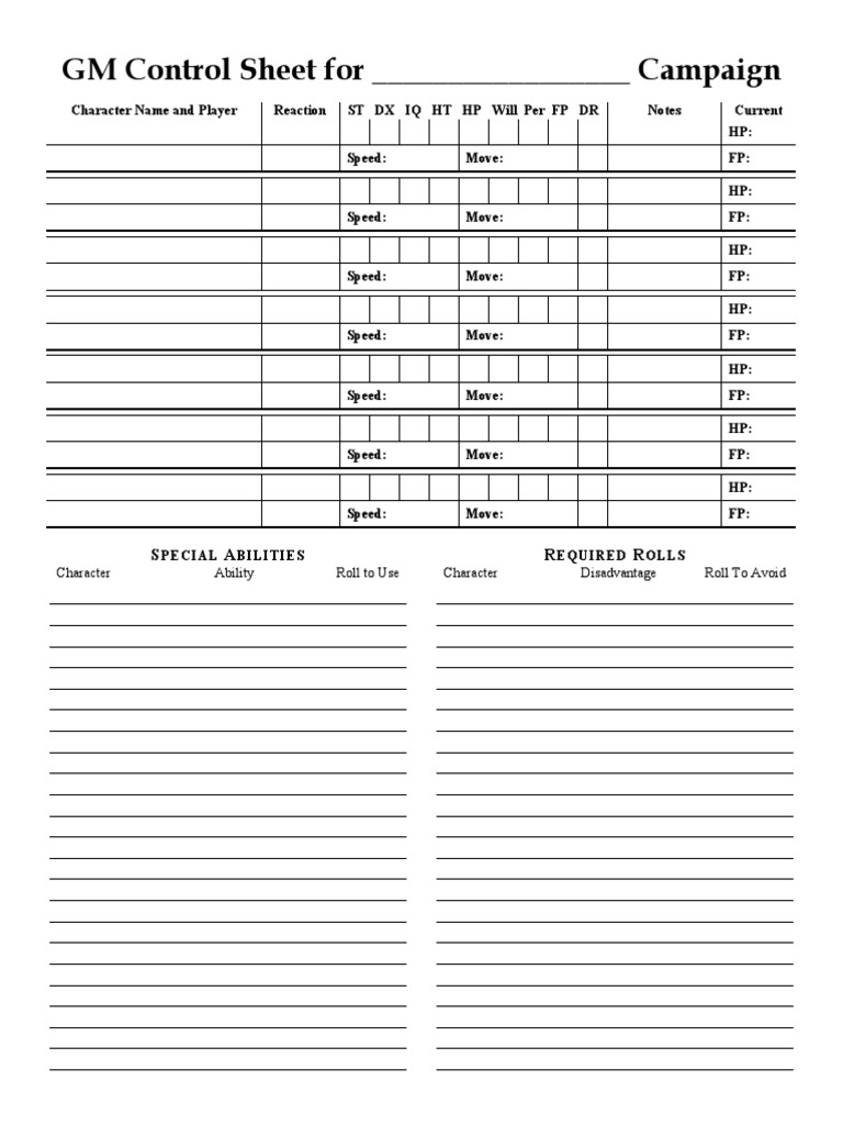 GURPS Campaign GM Control Sheet | PDF