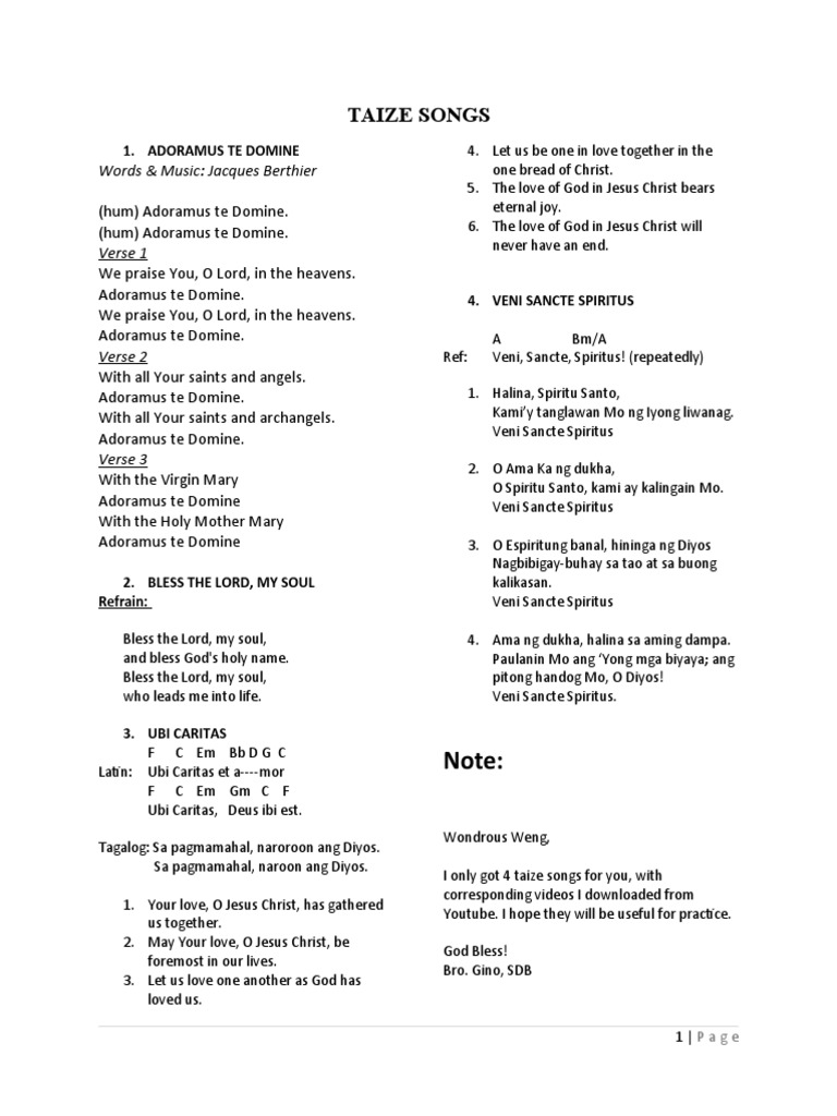 Taize Songs | PDF | Mary, Mother Of Jesus | Elements Of Music