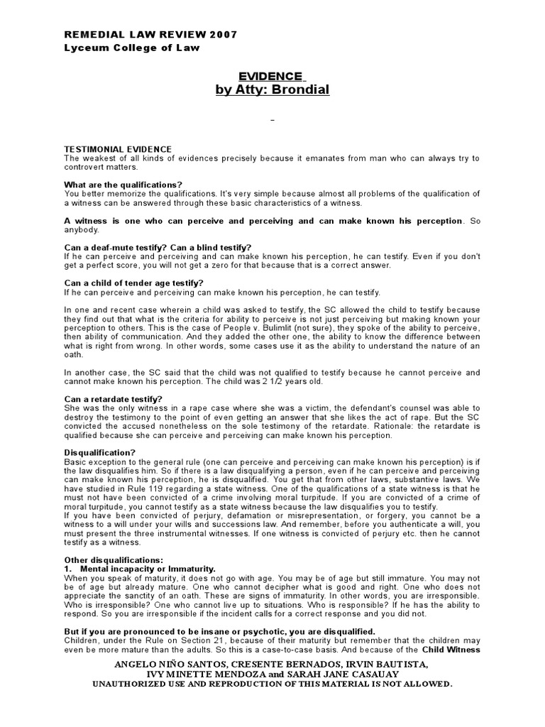 Testimonial Evidence Qualifications | PDF | Evidence (Law) | Witness