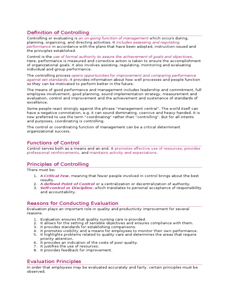 Definition of Controlling | PDF | Performance Appraisal | Nursing