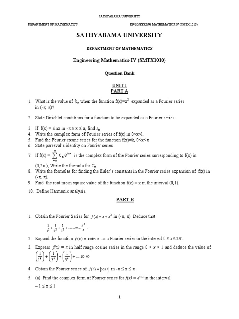 Engineering Mathematics IV Question Bank | PDF | Fourier Series ...