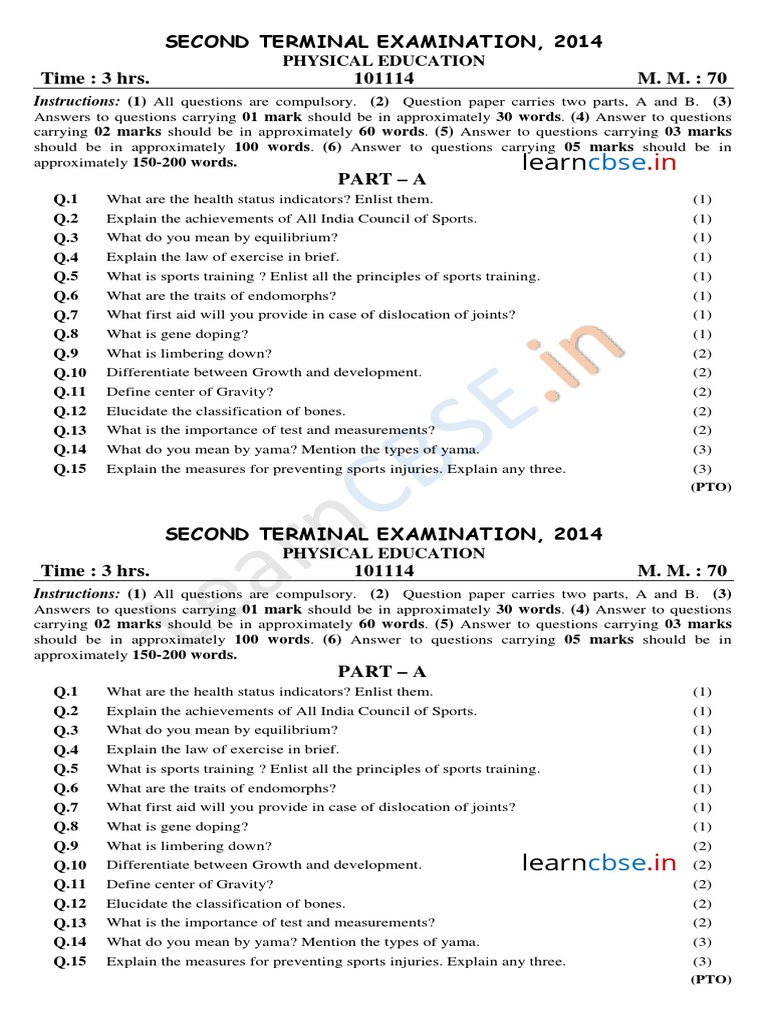 Cbse Class 11 Physical Education Sample Paper Sa2 2014 Sports
