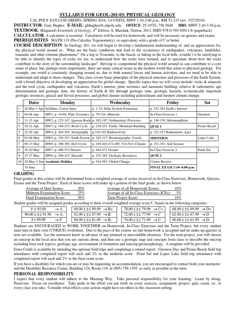 Syllabus For Geol-201-03: Physical Geology: Instructor E-Mail Textbook ...