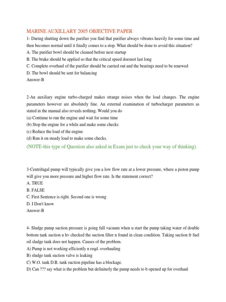 Marine Auxillary 2005 Objective Paper: (NOTE-this Type of Question Also ...