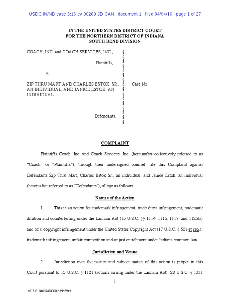 Coach Complaint | PDF | Trade Dress | Lanham Act