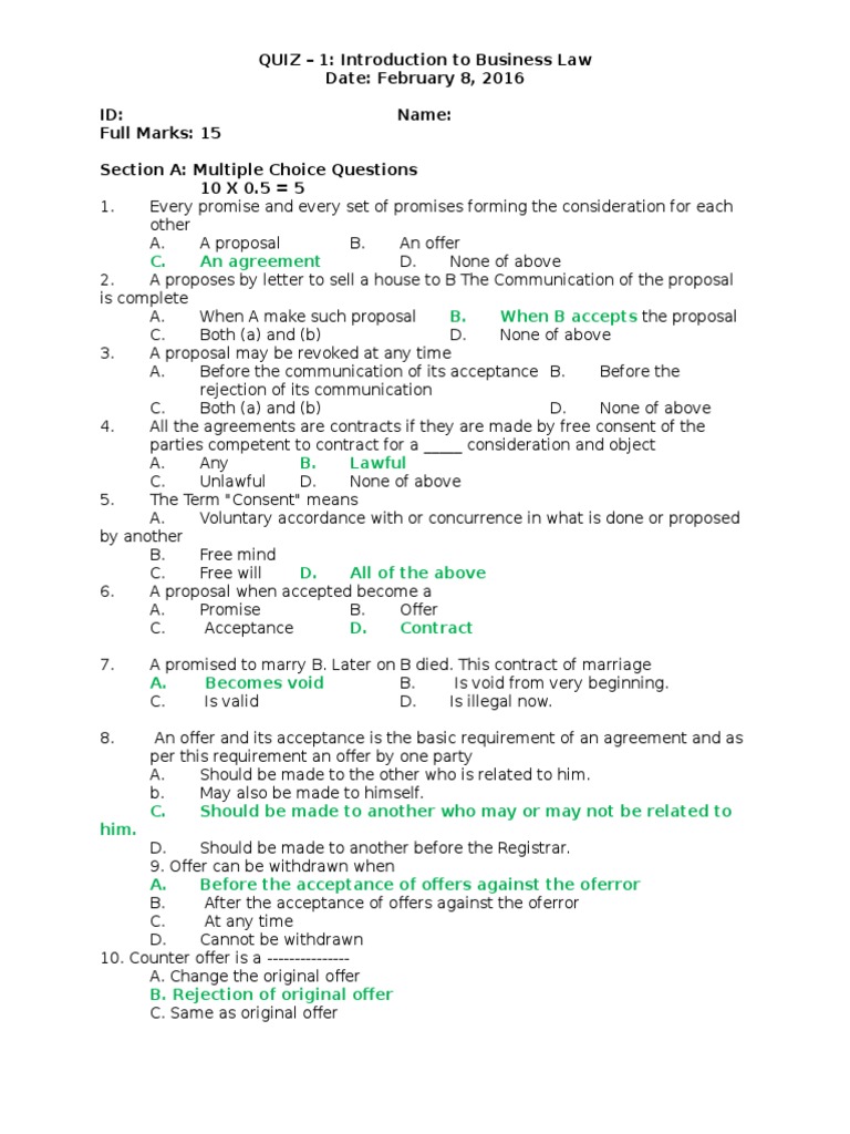 Quiz 1 - Business Law | PDF | Consideration | Offer And Acceptance