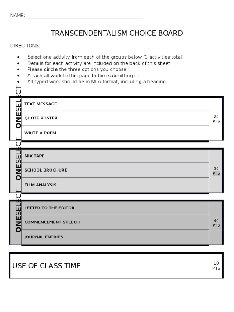Transcendentalism Choice Board | PDF | Henry David Thoreau | Ralph ...