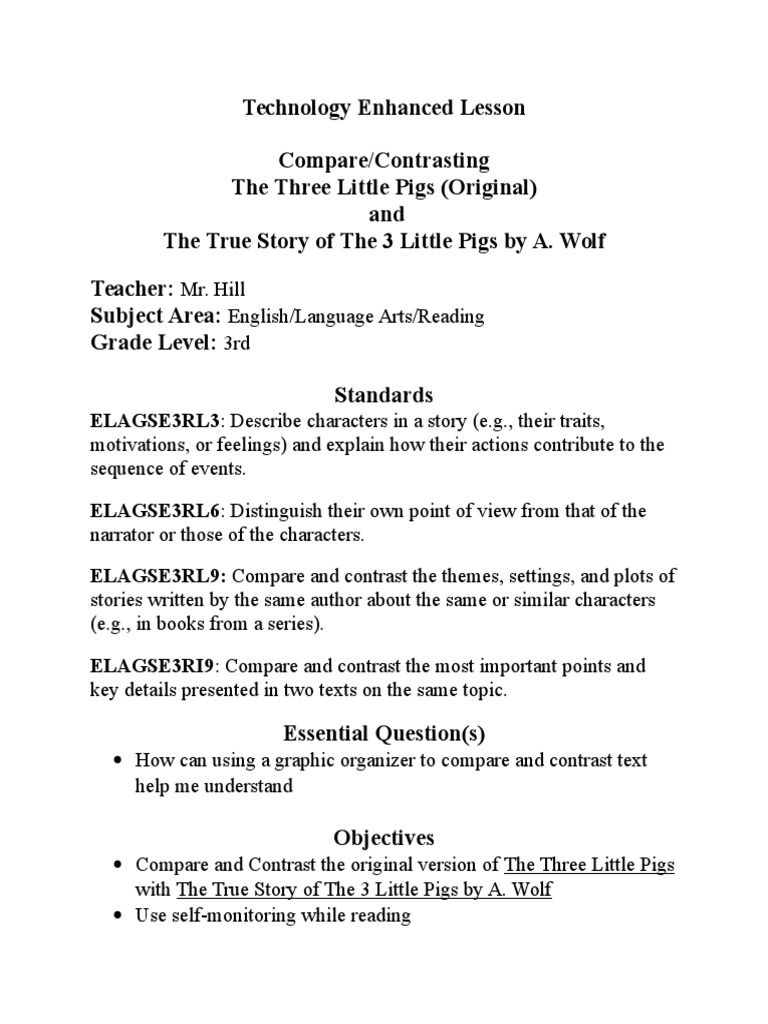 Comparing The Three Little Pigs Versions | PDF | Lesson Plan ...