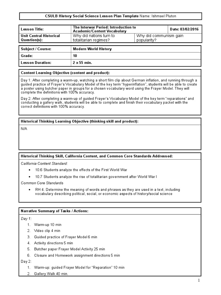 Interwar Period Vocabulary Lesson Plan | PDF