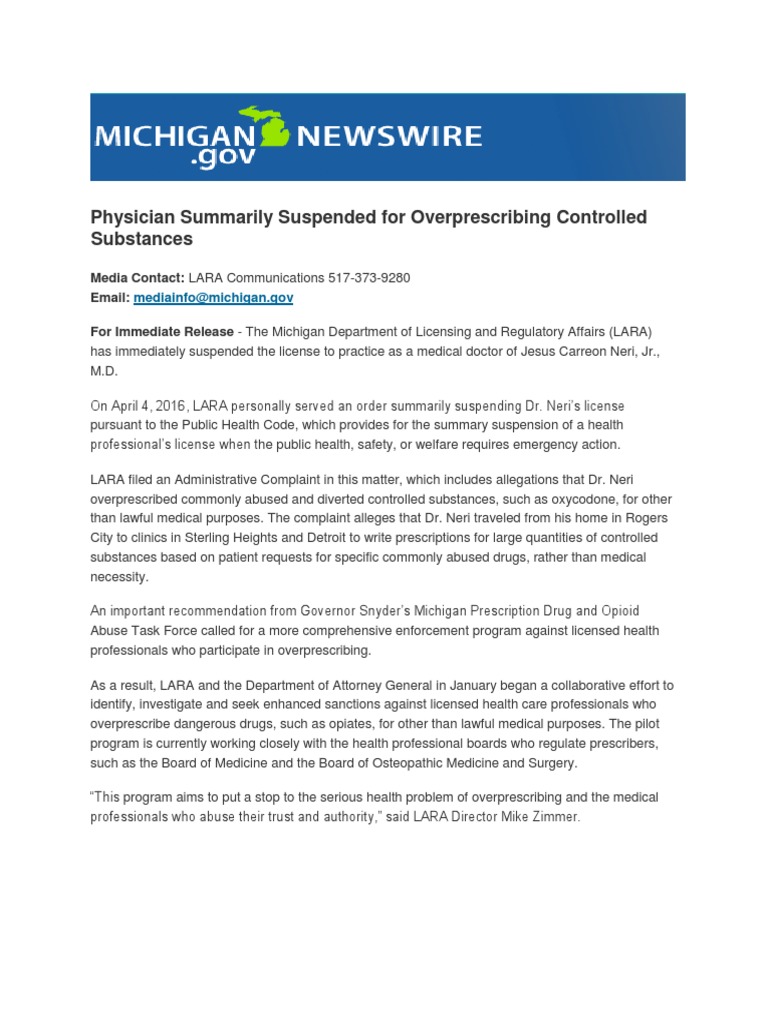Physician Summarily Suspended For Overprescribing Controlled Substances ...