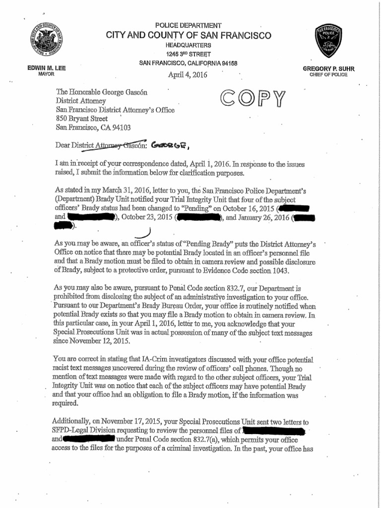 SFPD Chief Greg Suhr April 4 Letter To DA George Gascón Re: Bigoted ...