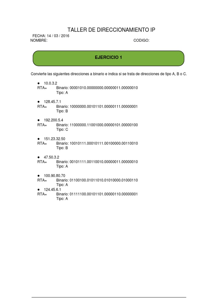 Taller de Direccionamiento IP - Solucion PDF | PDF | Dirección IP | Protocolos de comunicaciones