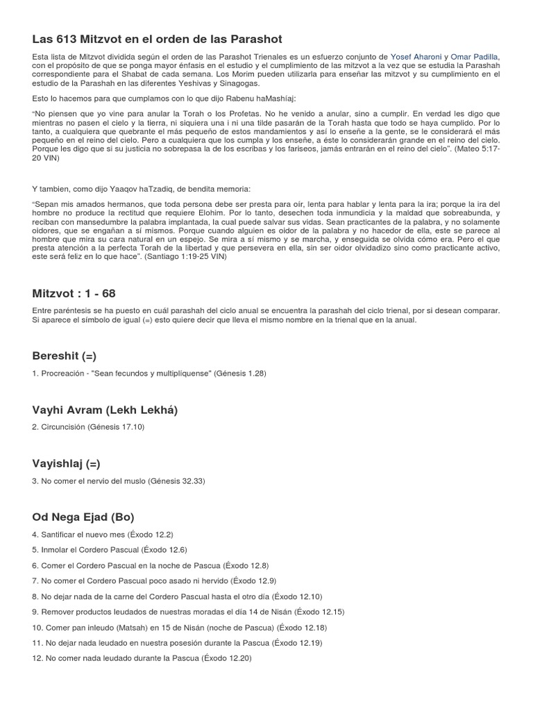 613 Mitzvot según las Parashot | PDF | Mitzvá | Sucot