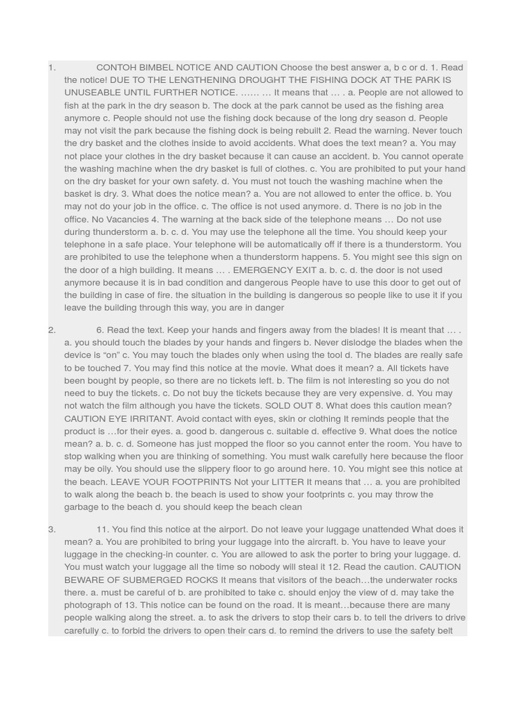Contoh Bimbel Notice and Caution Choose The Best Answer A | PDF