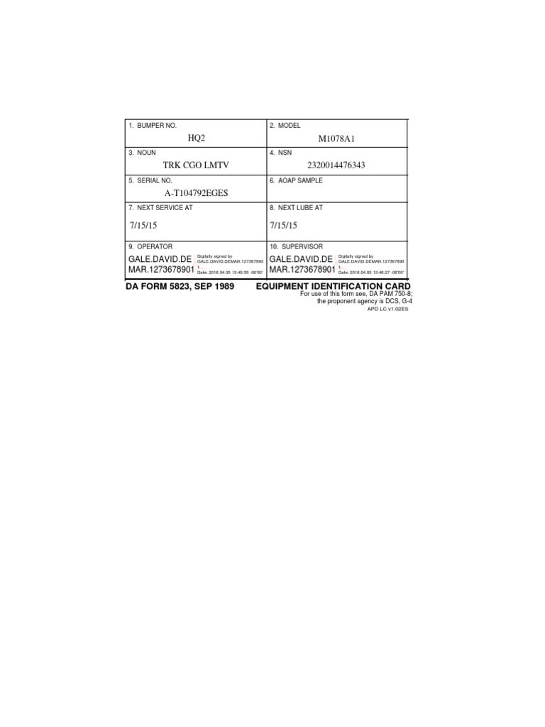 DA Form 5823 Equipment ID Card | PDF | Business | Technology & Engineering