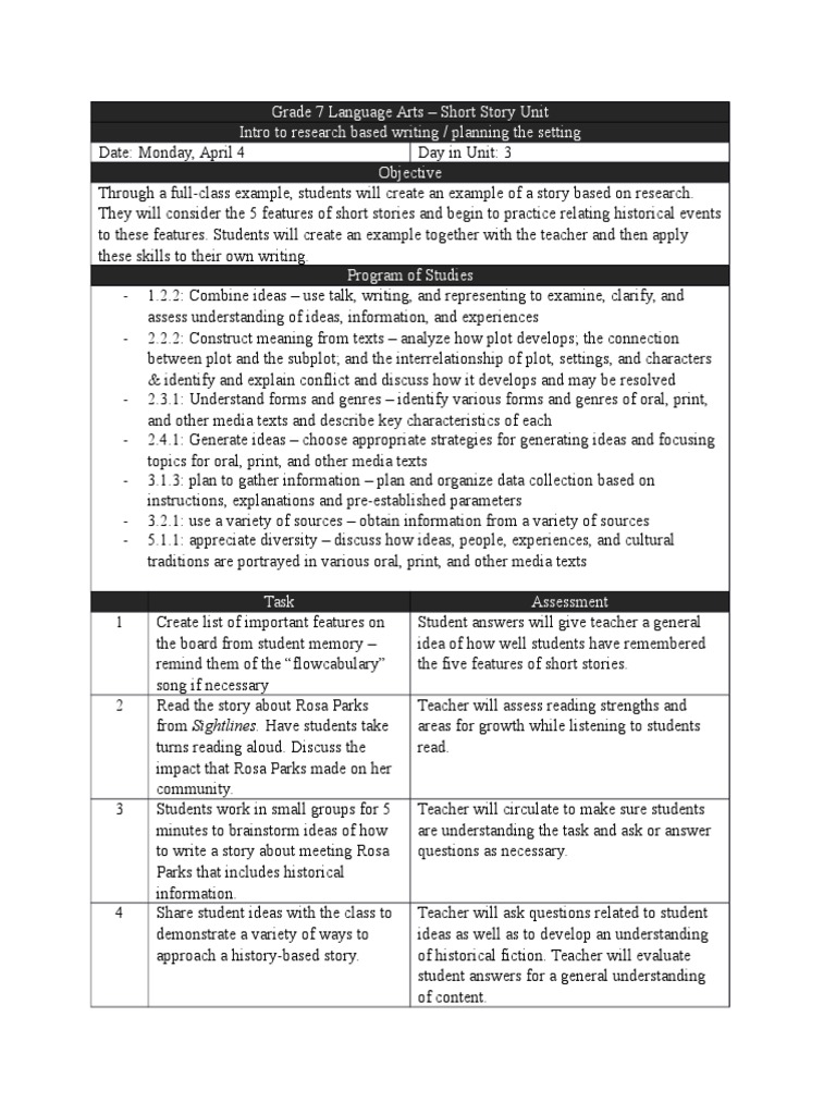Grade 7 Short Story Writing Unit | PDF | Brainstorming | Lesson Plan