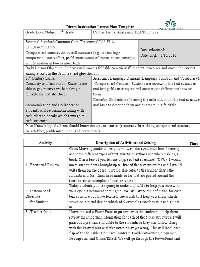 5th Grade Text Structures Lesson Plan | PDF | Lesson Plan | Cognition