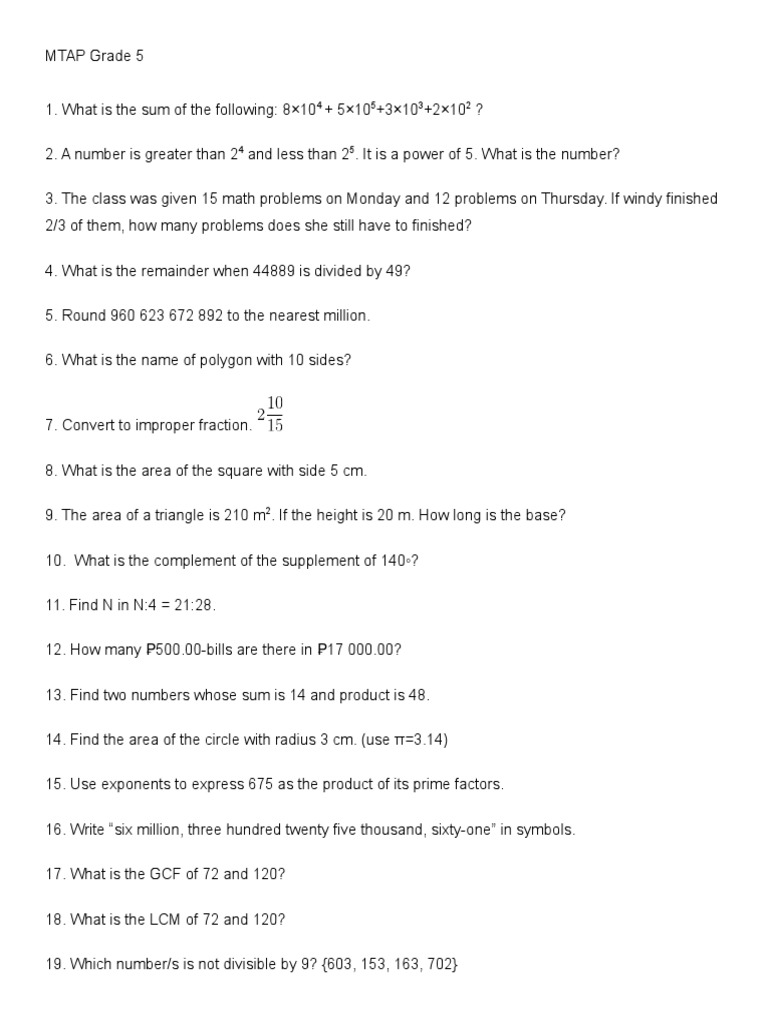 MTAP Grade 5 Mathematics Questions | PDF