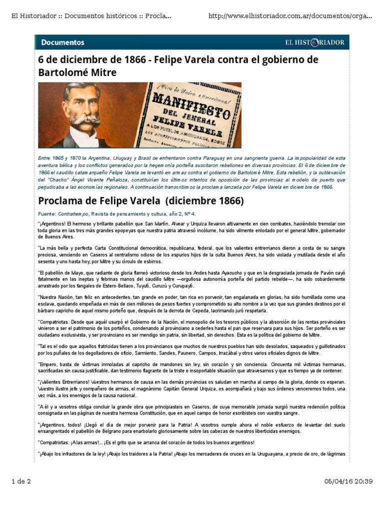 Felipe Varela se levanta en armas contra el gobierno de Bartolomé Mitre ...