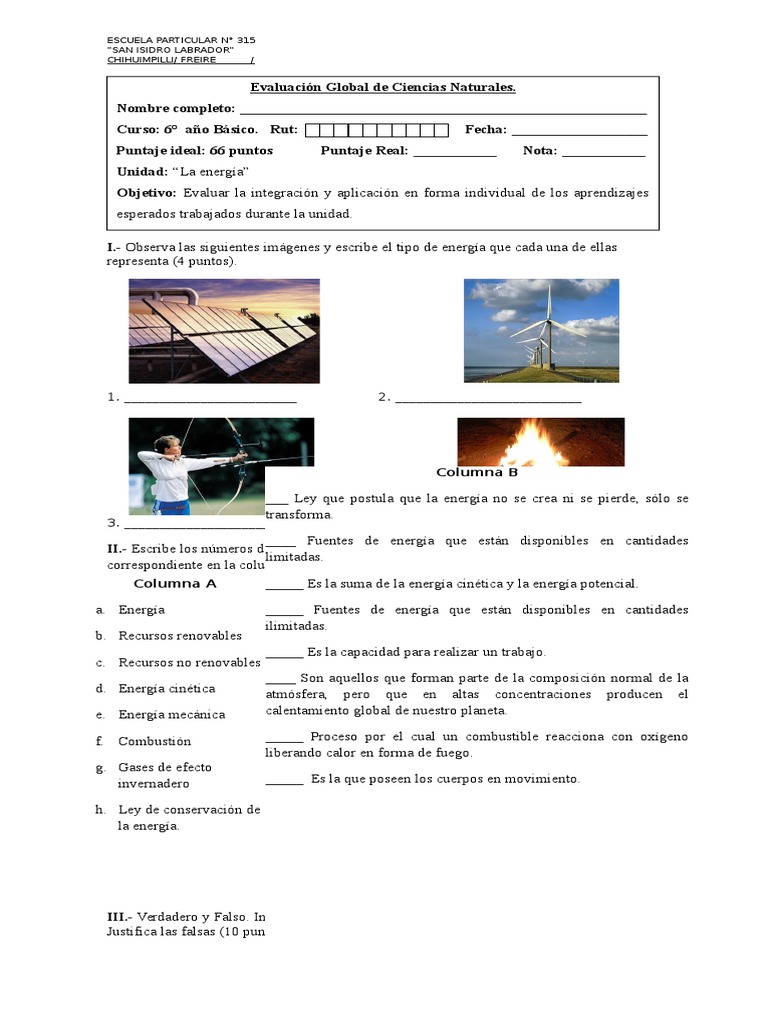 Prueba La Energía 6° | PDF | Energía potencial | Combustibles