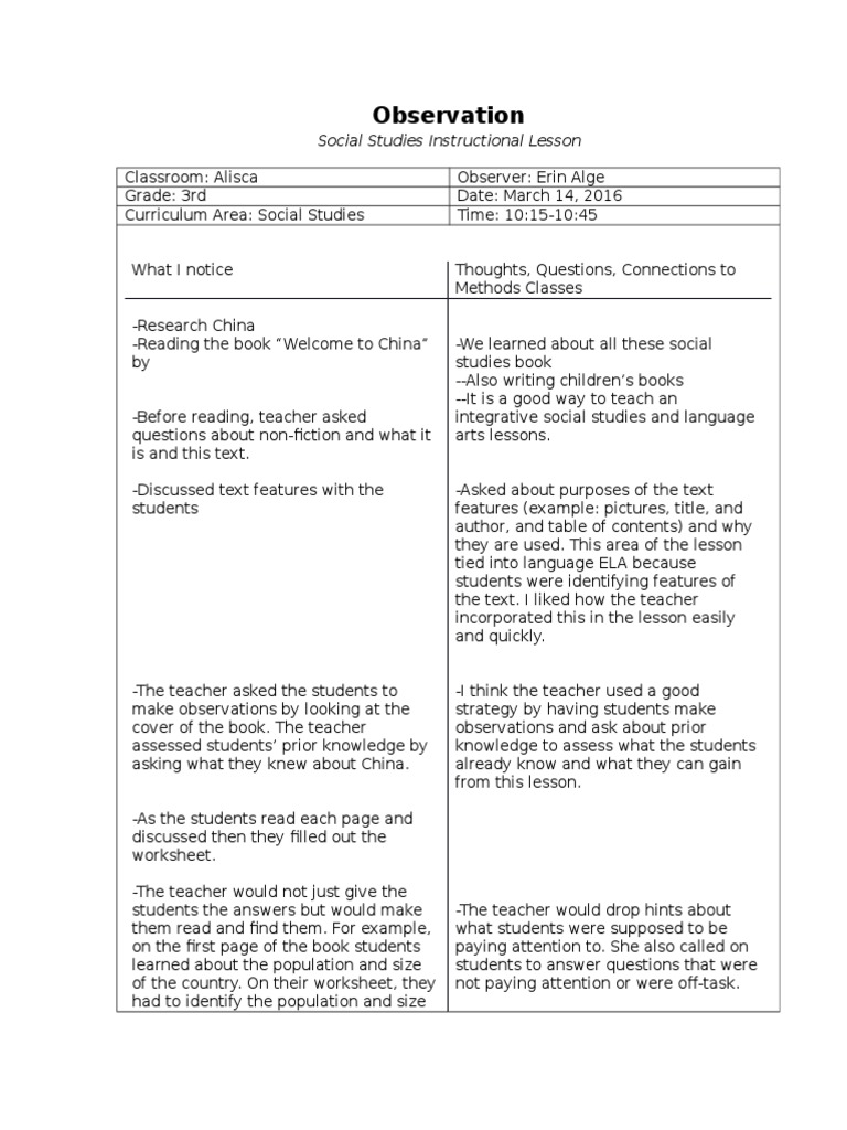 Social Studies Observation | PDF | Teachers | Classroom