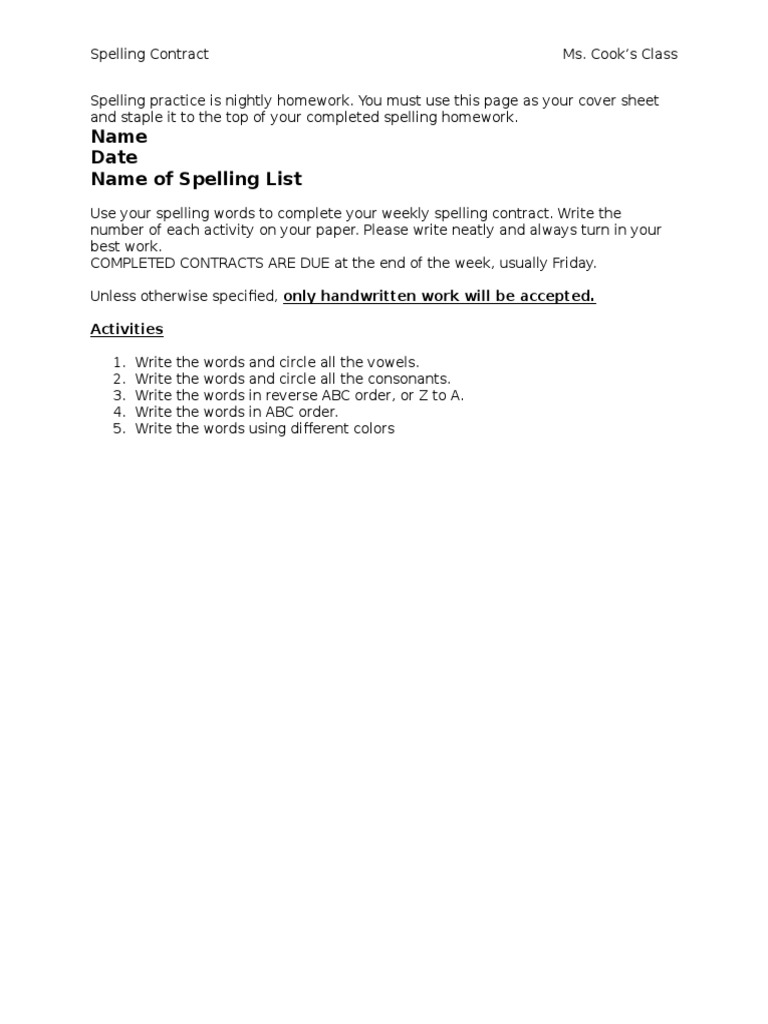 Spelling Contract For Joey | PDF