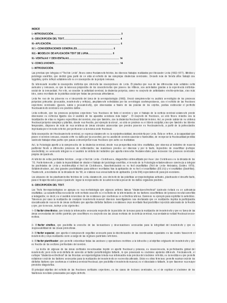 Test de Luria: Aplicación y Descripción | PDF | Neuropsicología | Cerebro