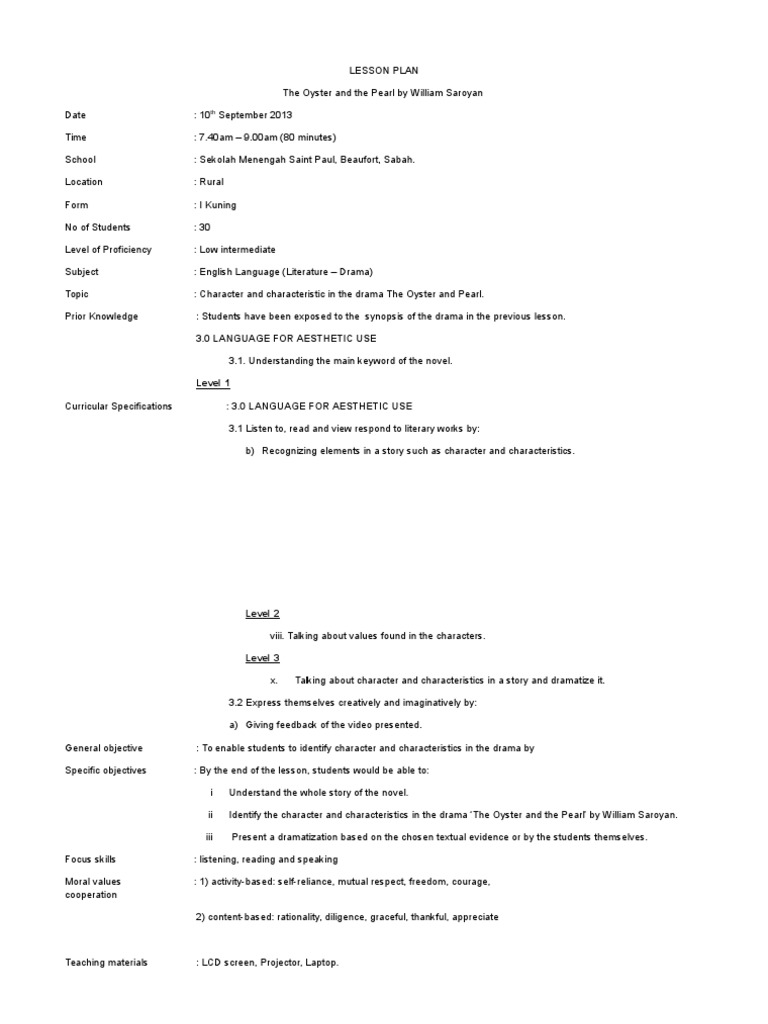 Lesson Plan: The Oyster and the Pearl | PDF | Lesson Plan | Epistemology