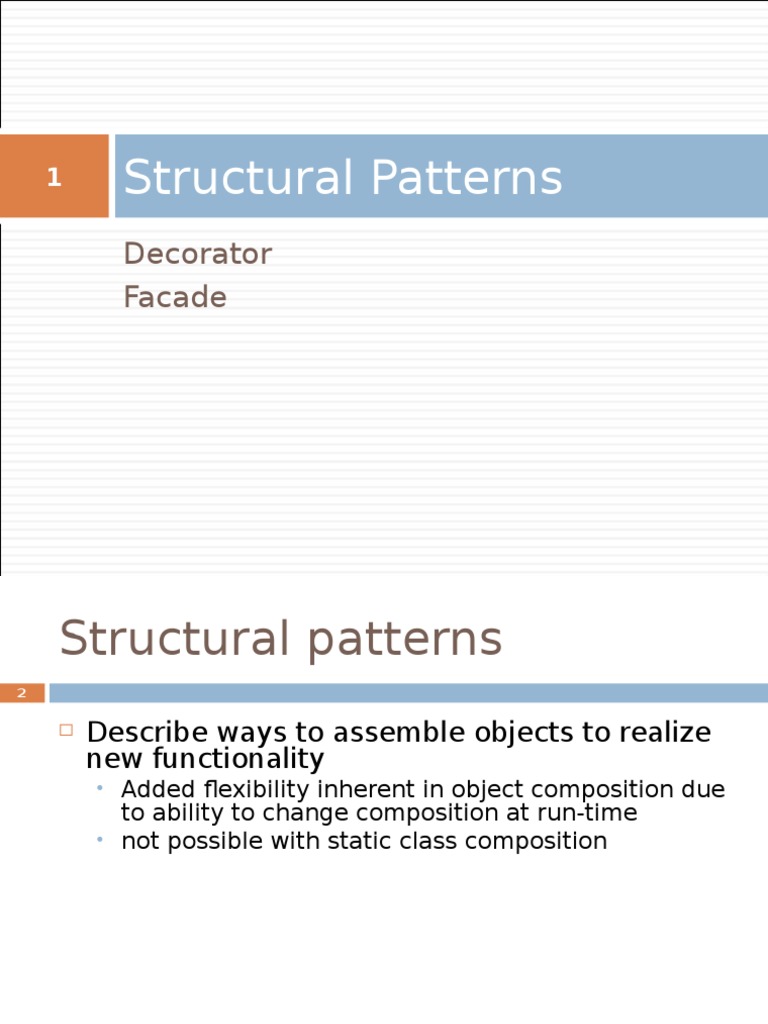 Structural Patterns: Decorator Facade | PDF | Interface (Computing) | Class (Computer Programming)