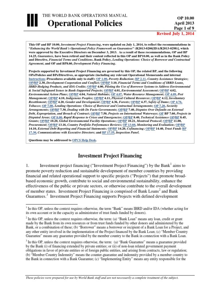WB Operational Policy 10.00 - July 2014 | PDF | World Bank | Project ...