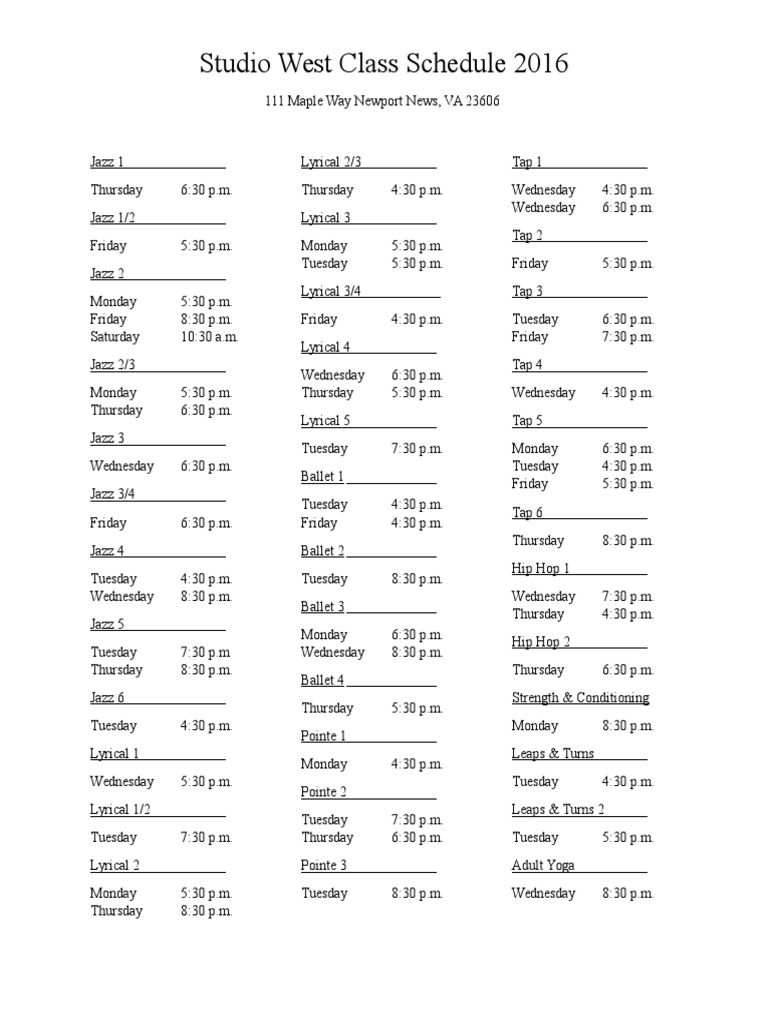 Studio West 2016 Dance Class Schedule | PDF